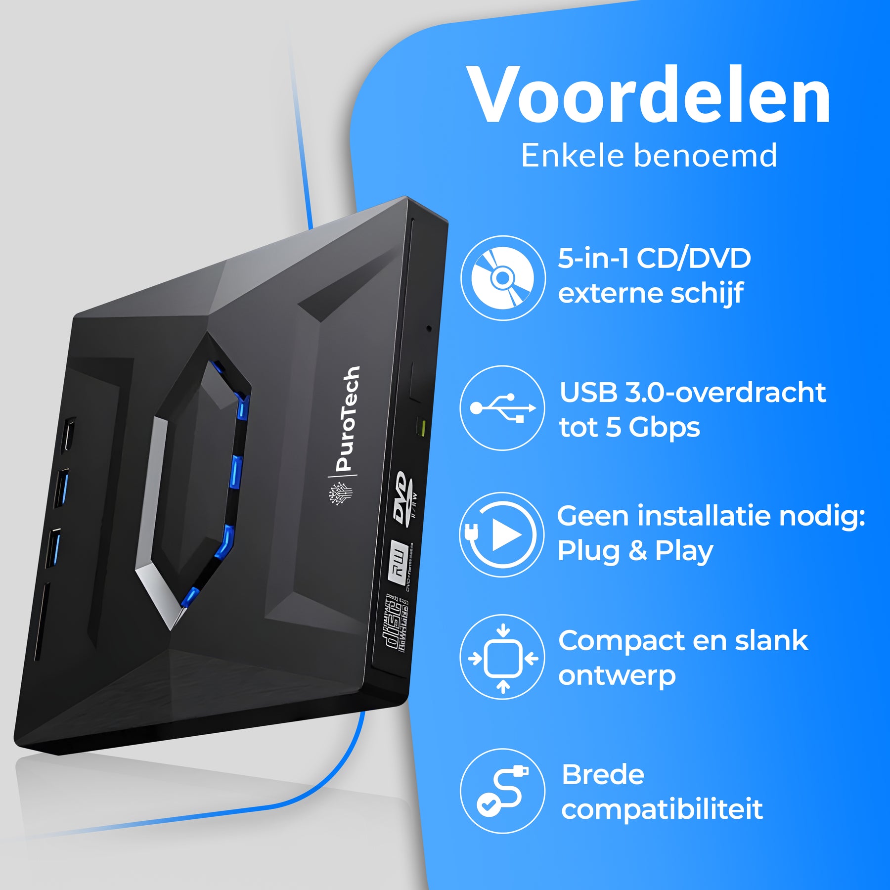 PuroTech 3-in-1 Externe DVD/CD Speler voor Laptop & PC - Brander - Opt